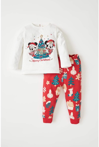 DeFacto Kız Bebek Disney Mickey & Minnie Lisanslı Yılbaşı Temalı Uzun Kollu 2'li Pijama Takım W1959A221WN