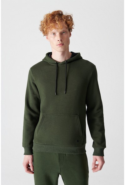 Avva Erkek Haki Kapüşonlu Yaka Düz Sweatshirt E001018