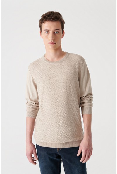 Avva Erkek Bej Bisiklet Yaka Jakarlı Kazak A12Y5219