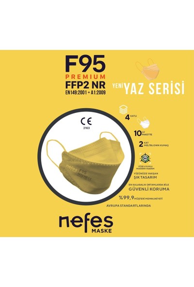 Nefes F95 (N95) Ffp2 Premium Kore Tipi Sarı Maske Nefes F95 (N95) Ffp2 Premium Kore Tipi Sarı Maske