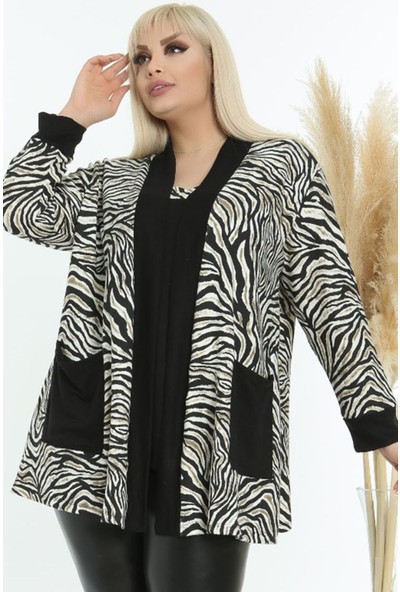 Zebra Desen Özel Tasarım Dökümlü Cepli Tarz Hırka Bluz Kombini