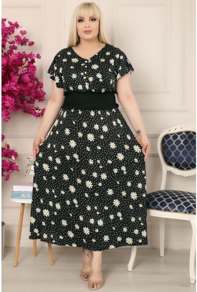 V Yaka Papatya Desenli Gipe Kemer Detaylı Uzun Rahat Elbise