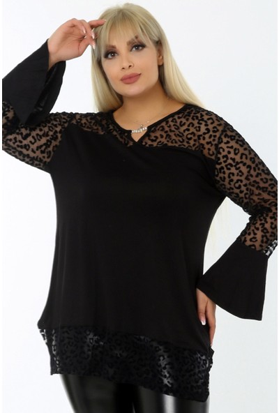 Yakası Zincirli Tül Üzeri Flok Baskılı Volanlı Uzun Kollu Tunik Yakası Zincirli Tül Üzeri Flok Baskılı Volanlı Uzun Kollu Tunik