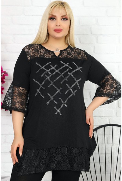 Kol ve Etek Ucu Dantelli Taş Işlemeli Yaka Taşlı Kısa Kollu Tunik