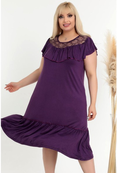 Özel Tasarım Yakası Dantel ve Fırfır Detaylı Kısa Kol Elbise