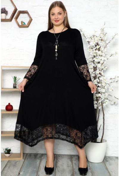 Kol ve Etek Ucu Dantel Detaylı Uzun Kol Cepli Şık Rahat Elbise Kol ve Etek Ucu Dantel Detaylı Uzun Kol Cepli Şık Rahat Elbise