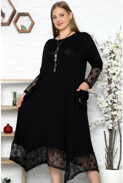 Kol ve Etek Ucu Dantel Detaylı Uzun Kol Abiye Elbise