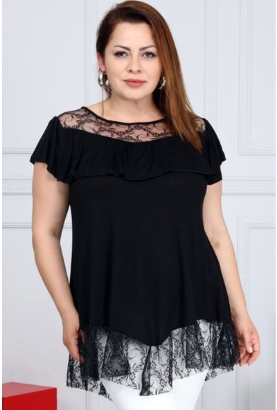 Özel Tasarım Dantelli Kısa Kol Fırfırlı Rahat ve Şık Bluz