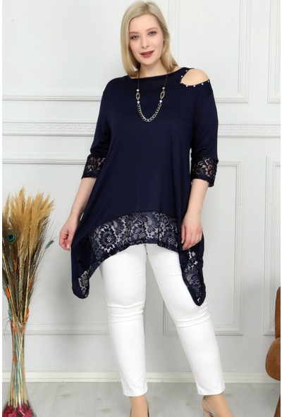 Özel Tasarım Omuz Dekolteli Dantel Detaylı Esnek Asimetrik Tunik Özel Tasarım Omuz Dekolteli Dantel Detaylı Esnek Asimetrik Tunik