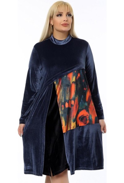 Kheos Blok ve Yırtmaç Detaylı Yarım Balıkçı Uzun Kol Tarz Kadife Elbise