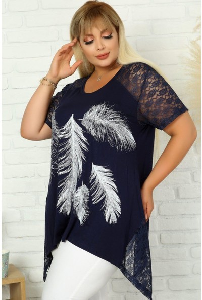 Özel Tasarım Tüy Baskılı Taş Işlemeli Kısa Kol Dökümlü Tunik Özel Tasarım Tüy Baskılı Taş Işlemeli Kısa Kol Dökümlü Tunik