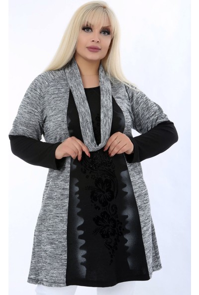 Boyunluklu Uzun Kol Önü Sim Baskılı Dökümlü ve Rahat Tarz Bluz