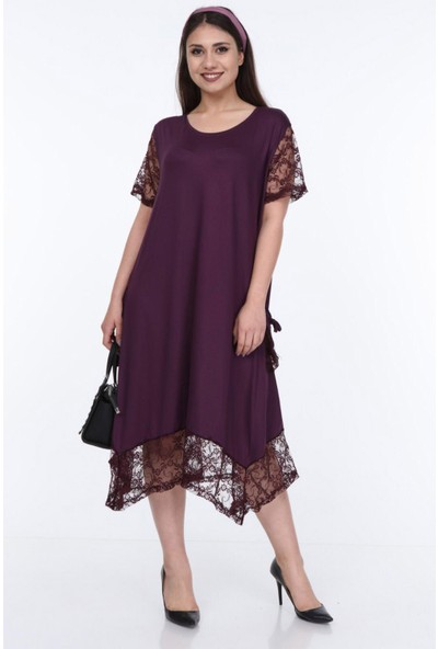 Kol Cep ve Etek Ucu Dantel Detaylı Elbise