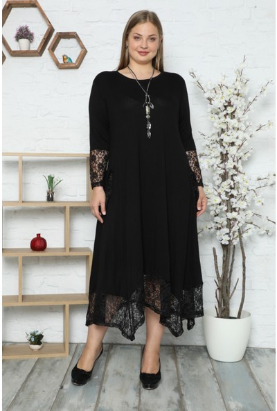 Kol Cep ve Etek Ucu Dantel Detaylı Kolyeli Uzun Kollu Elbise Kol Cep ve Etek Ucu Dantel Detaylı Kolyeli Uzun Kollu Elbise