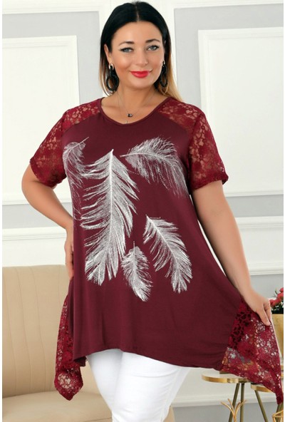 Dantel Detaylı Tüy Baskılı Taş Işlemeli Esnek Kısa Kol Tunik