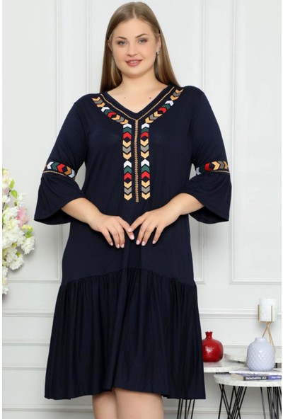 Kheos Kol ve Önü Etnik Nakış Volanlı Yarım Kol Elbise Kheos Kol ve Önü Etnik Nakış Volanlı Yarım Kol Elbise
