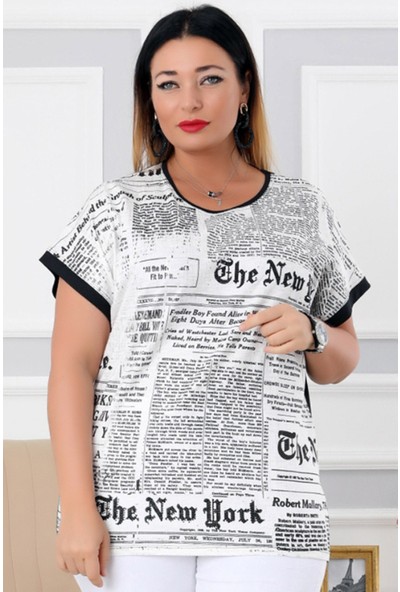 Siyah Beyaz Gazete Baskılı Bluz