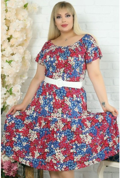 Madonna Yaka Çiçekli Kısa Kol Kemerli Rahat Özel Tasarım Elbise