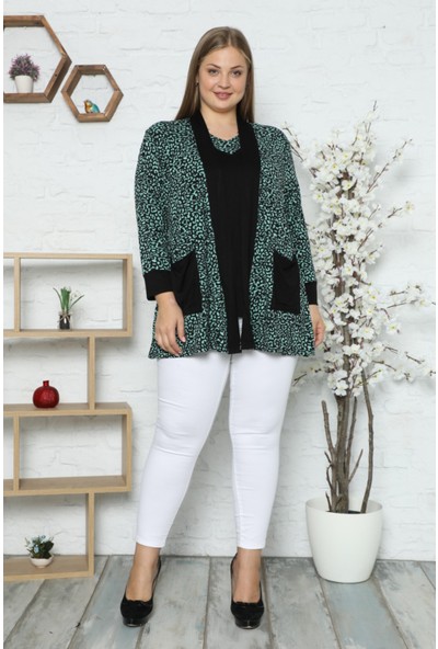 Içten Bluzlu Leopar Desenli V Yaka Cepli Hırka
