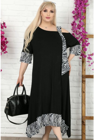 Zebra Desen Omuz Dekolteli Tokalı Asimetrik Likralı Abiye Elbise