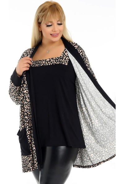 Leopar Desenli Rahat ve Dökümlü Cepli Hırka Bluz Takımı