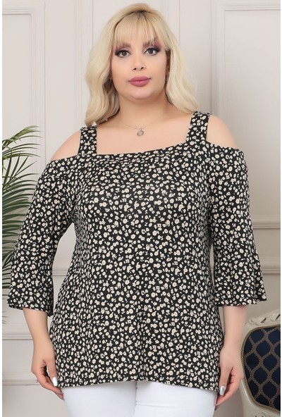 Papatya Desenli Kapri Volan Kol Askılı Omuz Dekolteli Şık Bluz