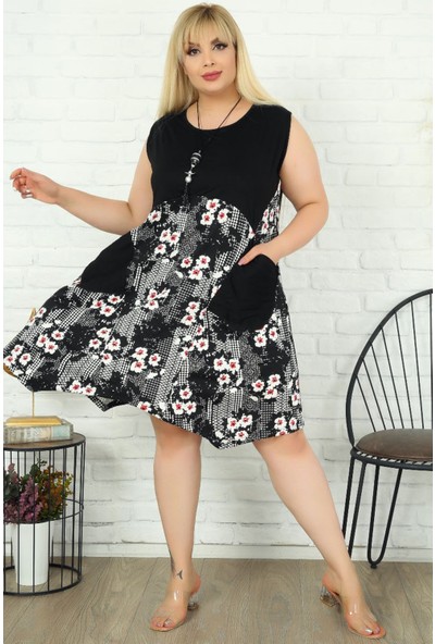 Kolsuz Beyaz Çiçekli Cepli Rahat Dökümlü Kolyeli Elbise