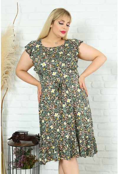 Kolları Fırfır Detaylı Kendi Deseninden Kemerli Çiçekli Elbise