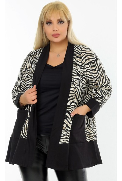 Özel Tasarım Zebra Desenli Cepli Tarz ve Şık Kısa Hırka