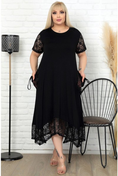 Özel Tasarım Etek Ucu Kol ve Cepleri Dantel Kısa Kol Rahat Elbise