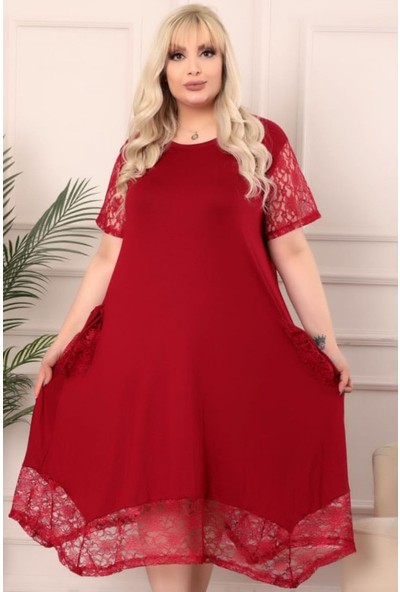 Etek Ucu Kol ve Cepleri Dantel Kısa Kol Rahat Abiye Elbise