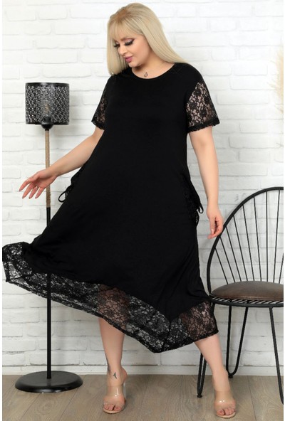 Kheos Etek Ucu Kol ve Cepleri Dantel Kısa Kol Rahat Abiye Elbise