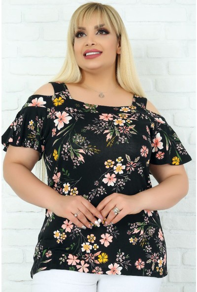 Pembe ve Mor Çiçekli Omuz Kalın Askılı Viskon Likralı Bluz