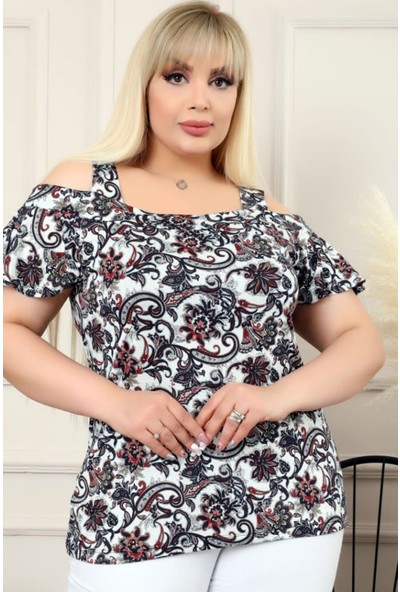 Kapri Volan Kol Şal Desenli Askılı Omuz Dekolteli Şık Bluz