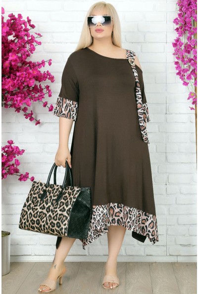 Leopar Desen Omuz Dekolteli Tokalı Asimetrik Likralı Abiye Elbise