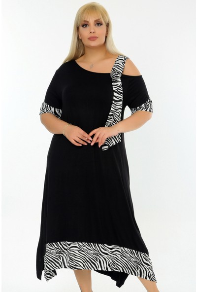 Zebra Desen Omuz Dekolteli Tokalı Asimetrik Likralı Abiye Elbise