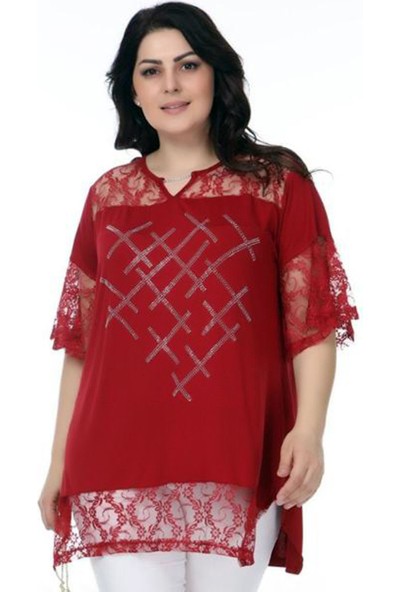 Önü Taş Baskılı Dantel Detaylı V Yaka Kısa Kol Yırtmaçlı Tunik