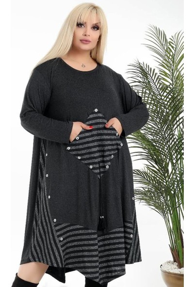 Kare Cepli Eteği Asimetrik ve Bloklu Uzun Kol Dökümlü Elbise