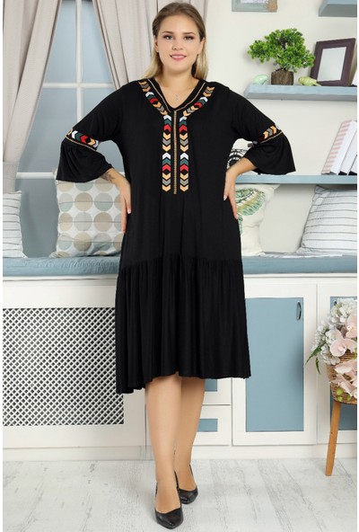 V Yaka Etnik Nakış Detaylı Kolu Volanlı Esnek Rahat Elbise V Yaka Etnik Nakış Detaylı Kolu Volanlı Esnek Rahat Elbise