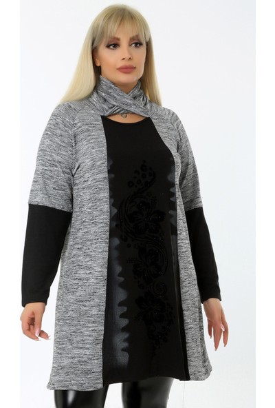 Boyunluklu Uzun Kol Önü Sim Baskılı Dökümlü ve Rahat Tarz Bluz