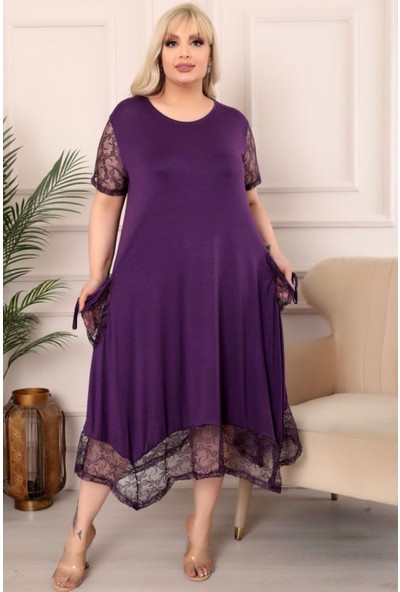 Etek Ucu Kolları ve Cepleri Dantel Detaylı Kısa Kollu Elbise Etek Ucu Kolları ve Cepleri Dantel Detaylı Kısa Kollu Elbise