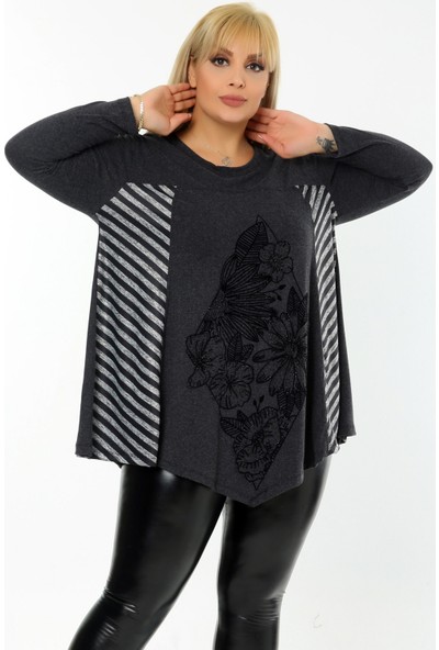 Kheos Önü Çiçek Taş Baskılı Bloklu Uzun Kol Dökümlü Asimetrik Tunik