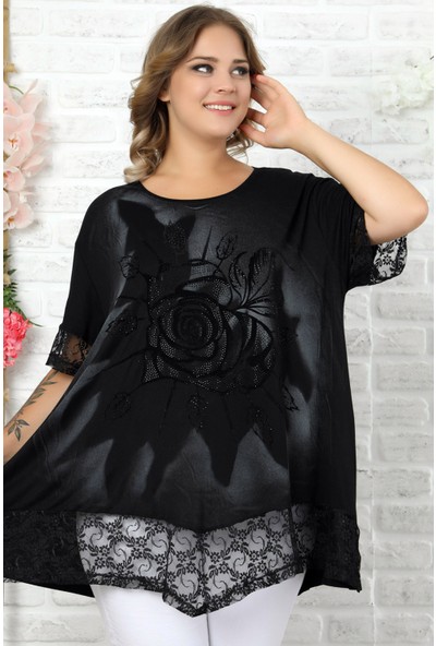 Etek ve Kol Ağzı Dantelli Flok Baskılı Gül Motifli Bluz Etek ve Kol Ağzı Dantelli Flok Baskılı Gül Motifli Bluz