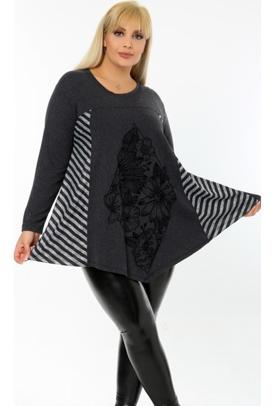 Asimetrik Bloklu Önü Çiçek Taş Baskılı Uzun Kol Dökümlü Bluz