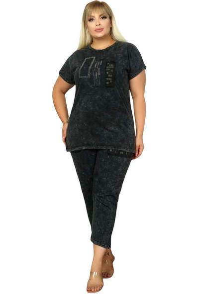 Özel Tasarım Kısa Kollu Taş Detaylı Yıkamalı Rahat Eşofman Takım