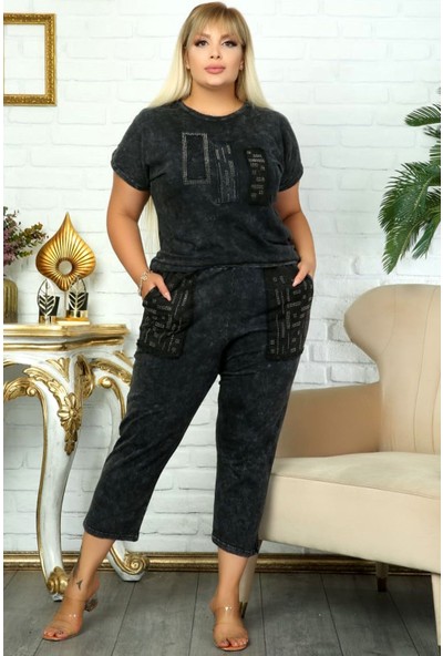 Özel Tasarım Kısa Kollu Taş Detaylı Yıkamalı Rahat Takım