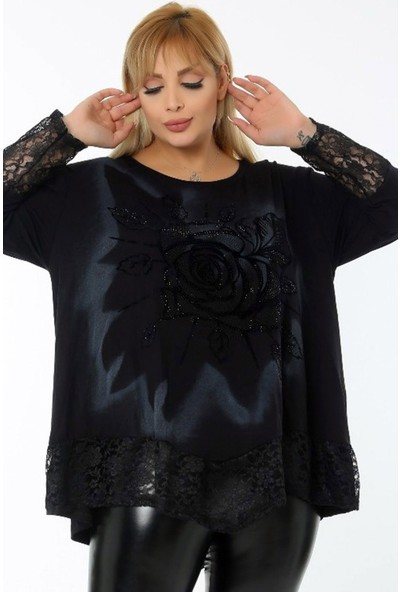 Flok Baskı Gül Motifli Uzun Kol Etek ve Kol Ağzı Dantelli Bluz