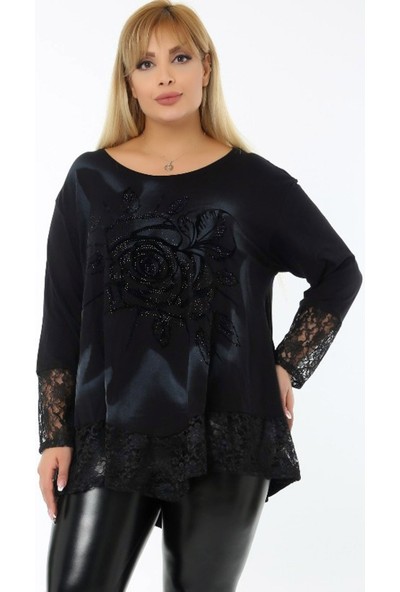 Etek ve Kol Ağzı Dantelli Flok Baskılı Gül Motifli Uzun Kol Tunik