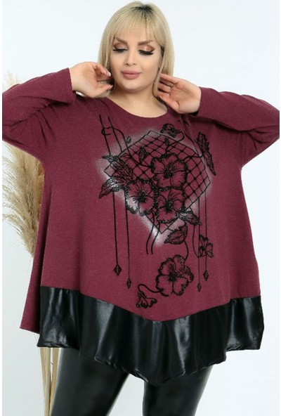 Eteği Derili Çiçekli Taş Işlemeli Yuvarlak Yaka Uzun Kol Bluz