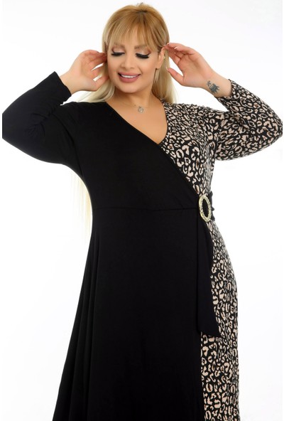 Kruvaze Leopar Desen Çift Renk Kemerli Uzun Kol Elbise